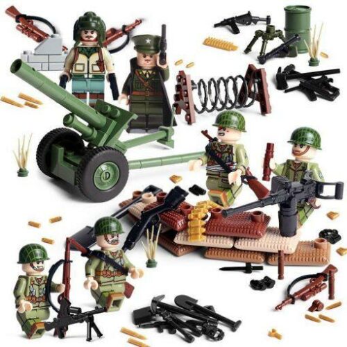 WW2 US Soldiers 6 Minifigures Pack with Cannons & Weapons - BrickArmyToys
